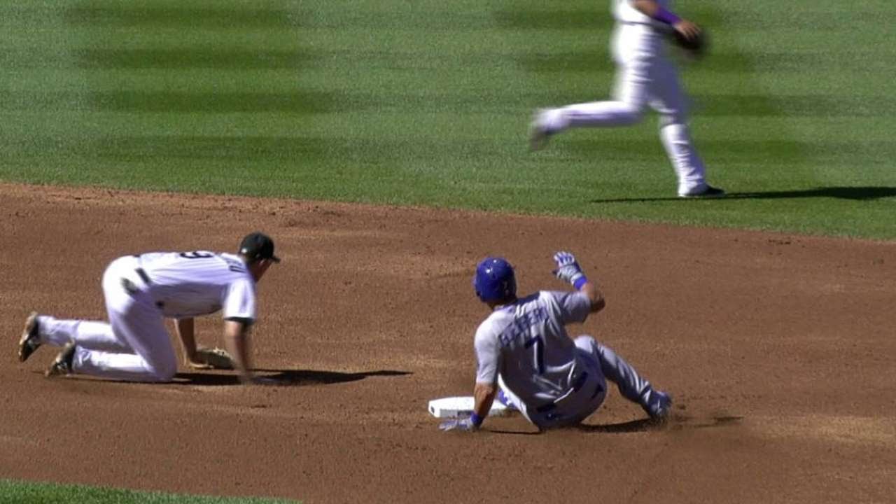 LAD@COL: Guerrero swipes second for first MLB steal