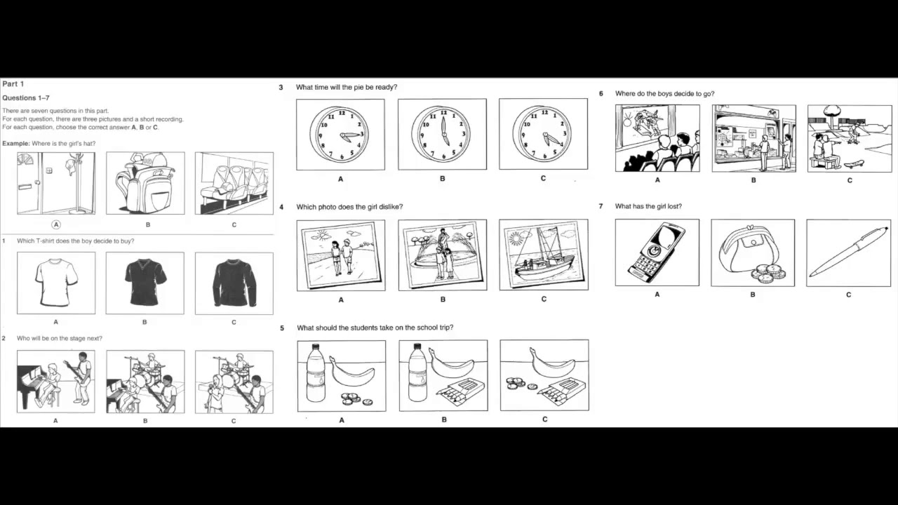 Listening B1, PET 1 for Schools, Test 3, Part 1