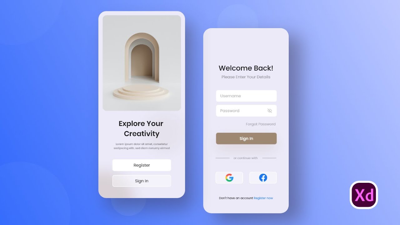 Mobile App Login and  Register Screen UI UX Design Adobe XD 2022