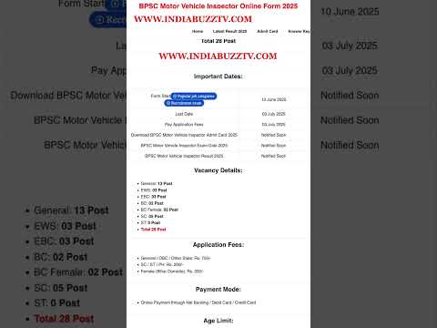 BPSC Motor Vehicle Inspector MVI Recruitment 2025: Apply for 28 Post #shorts #shortsfeed #govtjobs