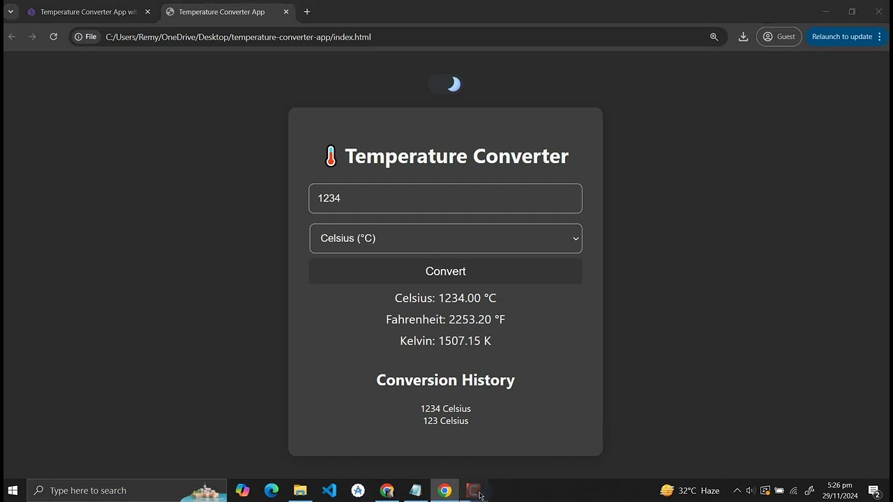 Temperature Converter App with Theme Toggle Using HTML, CSS and JavaScript with Source Code