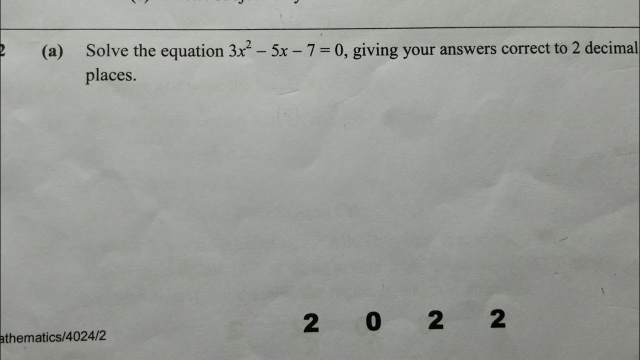 2022 paper 2, quadratic equation exam question (ECZ)