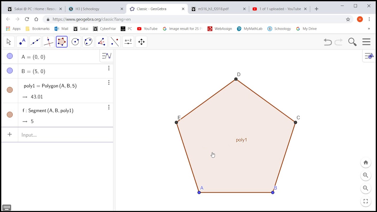Using GeoGebra to Draw a Regular Pentagon - MTH 516 H3 #2 (Fall 2018)