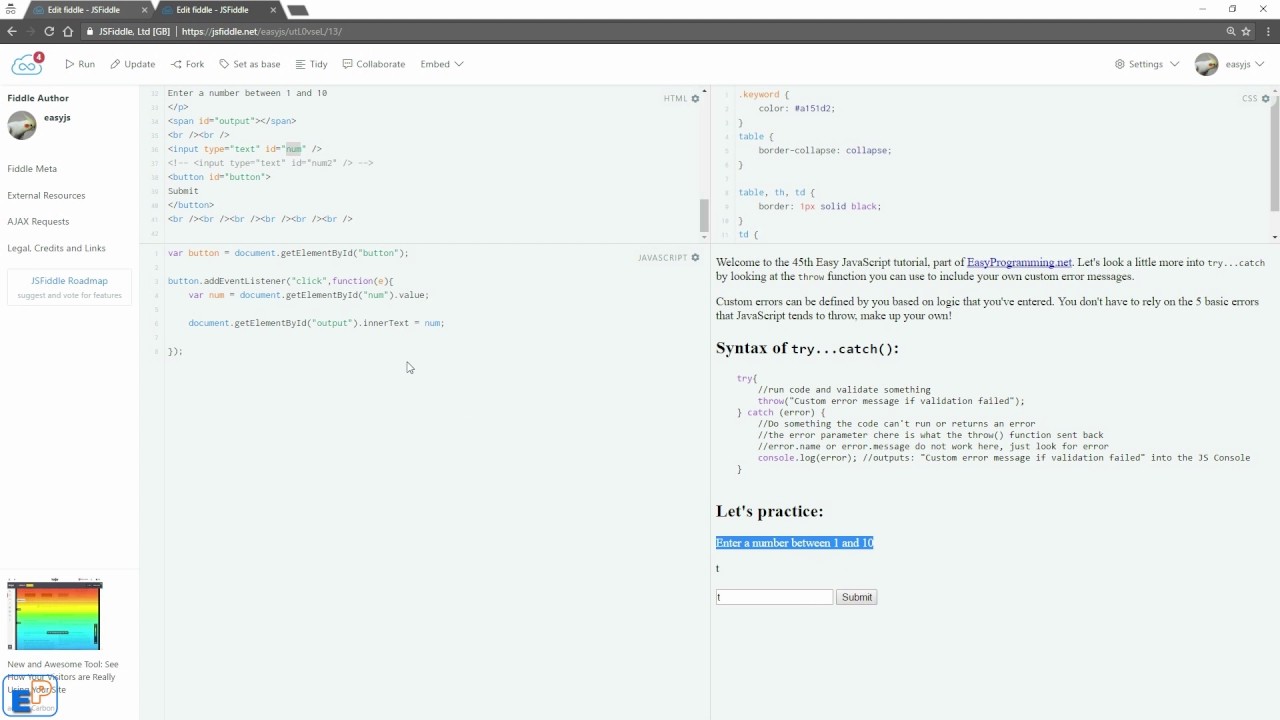 Easy JavaScript - Error Handling - throw custom errors (45)