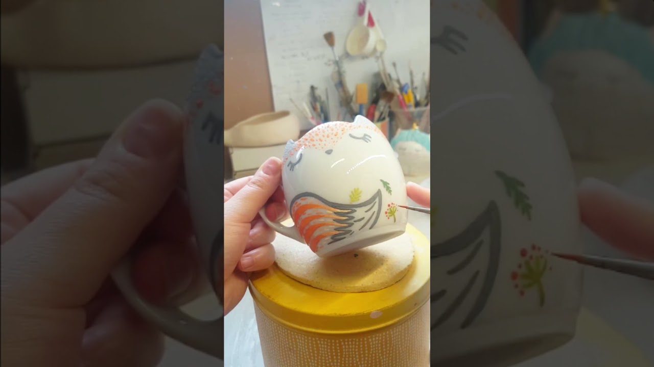 Satisfying art video. Decorating ceramic fox mug, creative process. #shorts