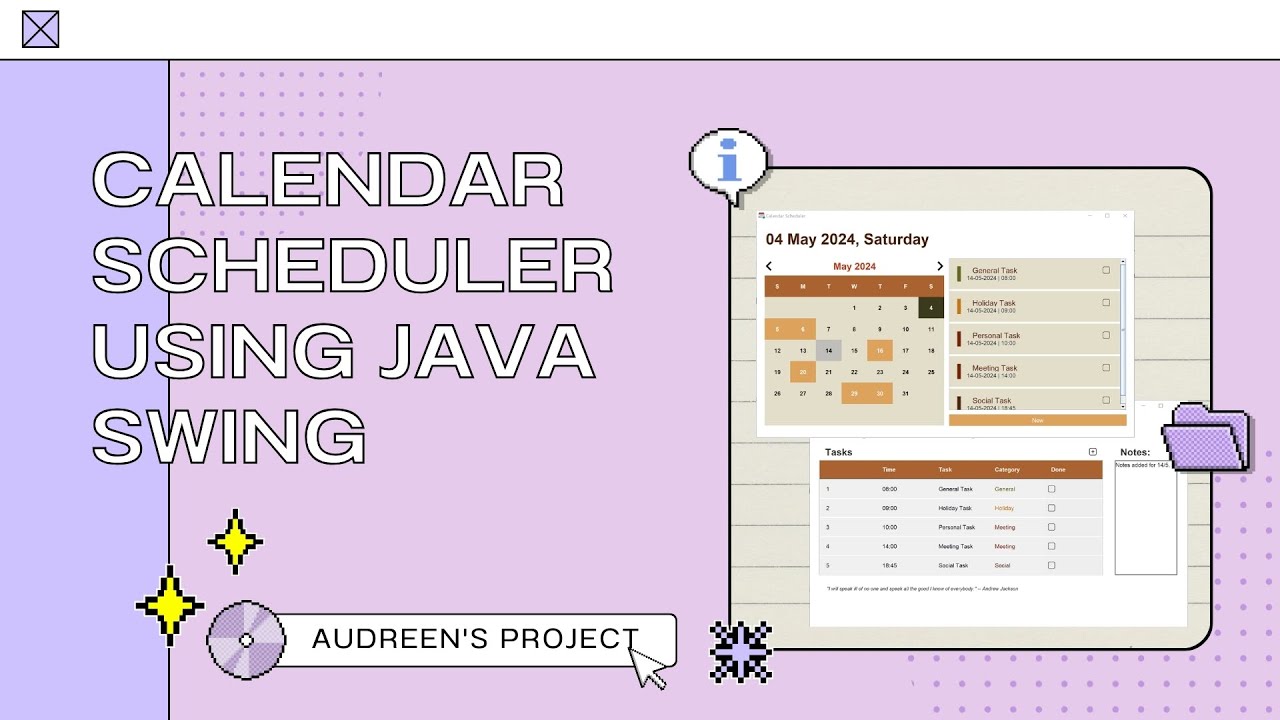Calendar Scheduler Using Java Swing ｜Audreen's project 1