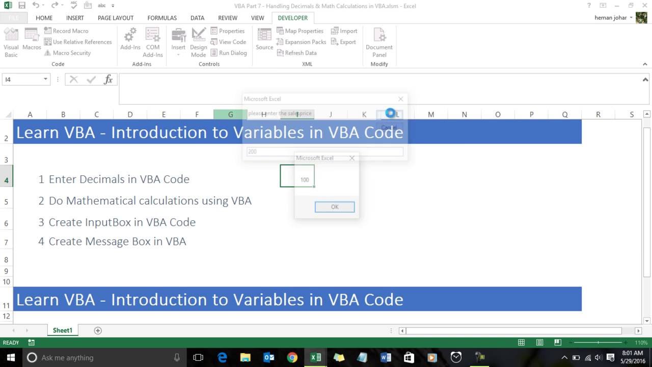 Learn Vba Use Decimals For Math Calculations In Vba Learn Excel Course Ms Word Course And Ms