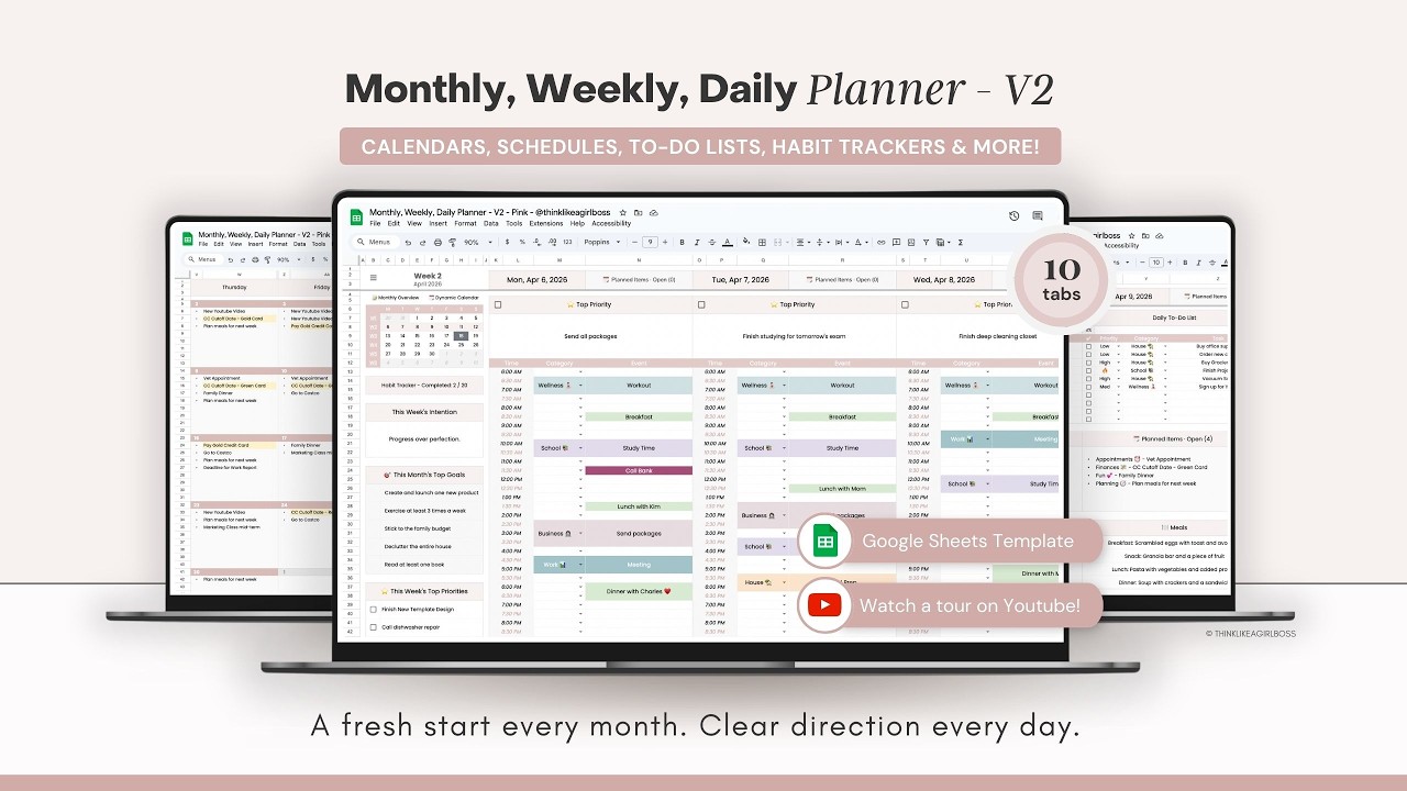 Monthly, Weekly, Daily Planner Spreadsheet - Google Sheets Template - FULL TOUR