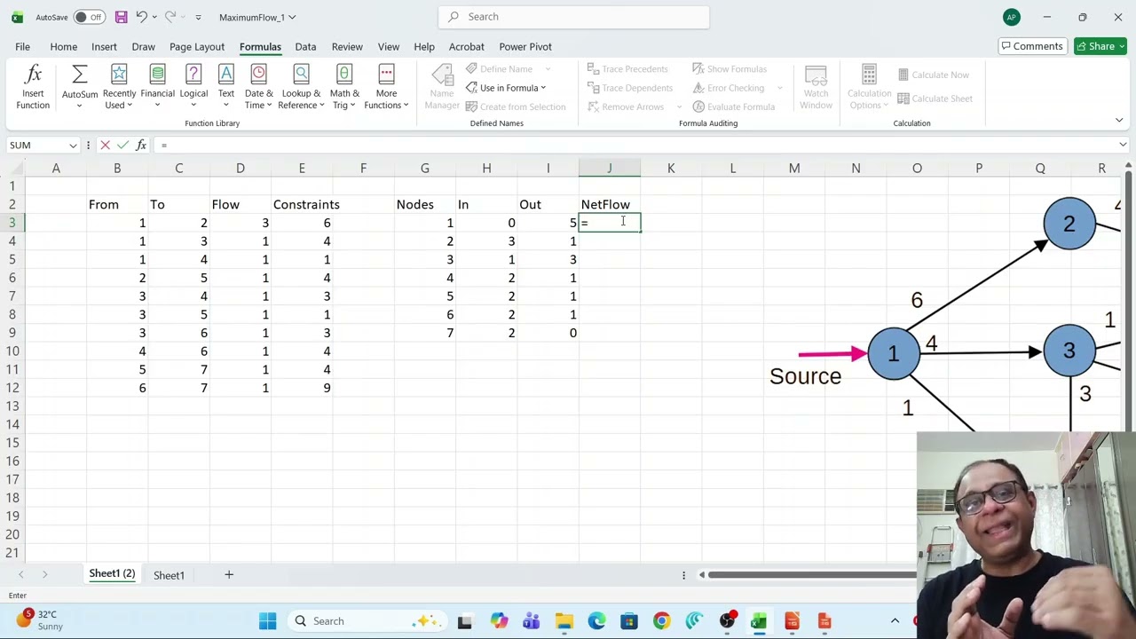 Maximum Flow in a network, by Excel