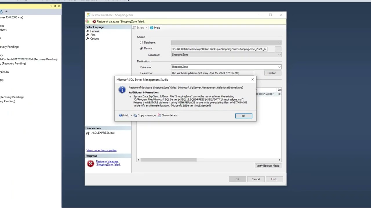 Restore of database failed. File cannot be restored over the existing. -[SOLVED]