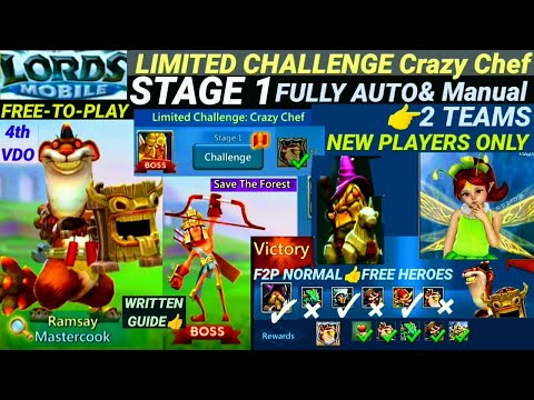 New Player Friendly!| CRAZY CHEF Stage 1 Guide| Free Heroes| Lords Mobile| AUTO+ Manual👯2 Teams
