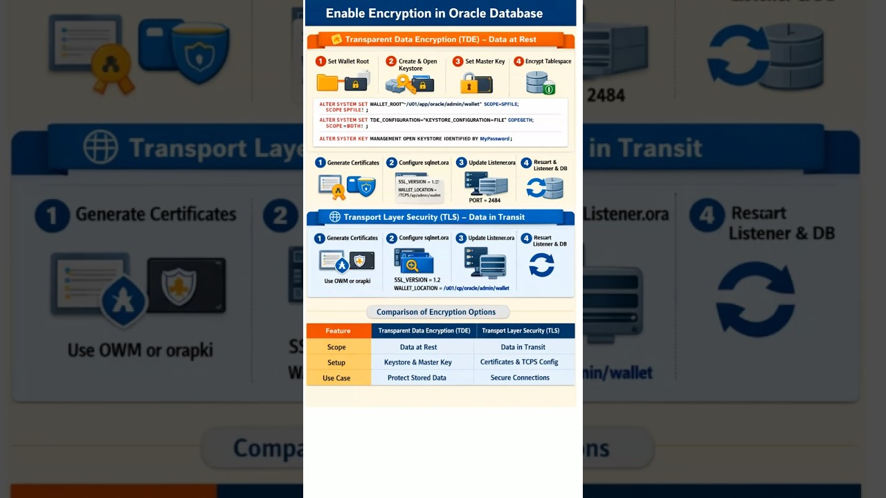 Oracle Database Encryption Explained (TDE vs TLS)” and hashtags (#Oracle #Database #CyberSecurity)