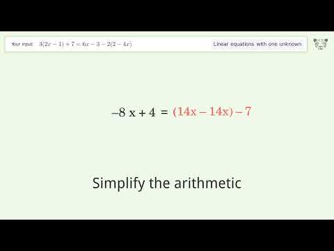 Linear equation with one unknown: Solve 3(2x-1)+7=6x-3-2(2-4x) step-by-step solution