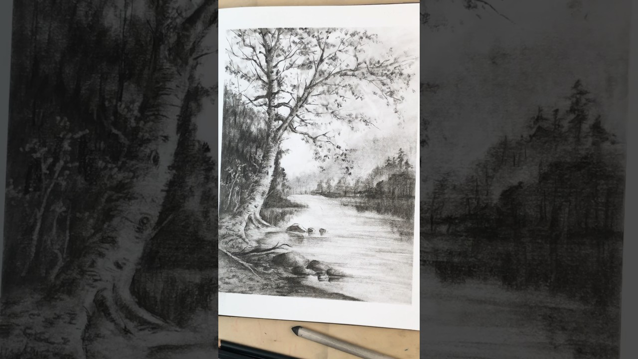 Quick Charcoal Art - Lake & Tree in Light and Shadow#charcoal #tutorial #process #landscape