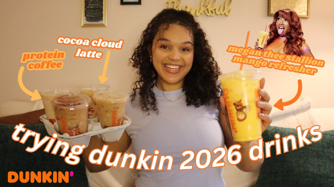 TRYING DUNKIN DONUTS NEW PROTEIN COFFEE 🍫🥭cocoa cloud latte & megan thee stallion mango refresher