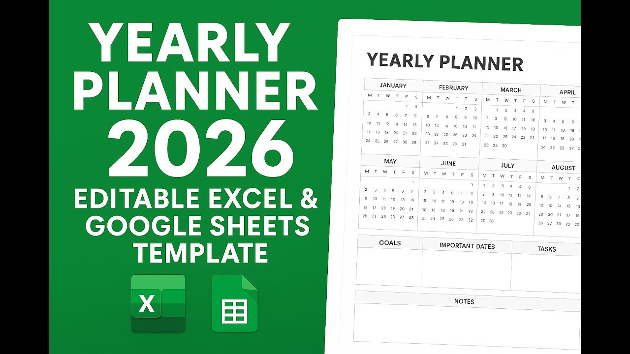 Yearly Planner 2026 | Editable Excel & Google Sheets Template to Organize Your Year