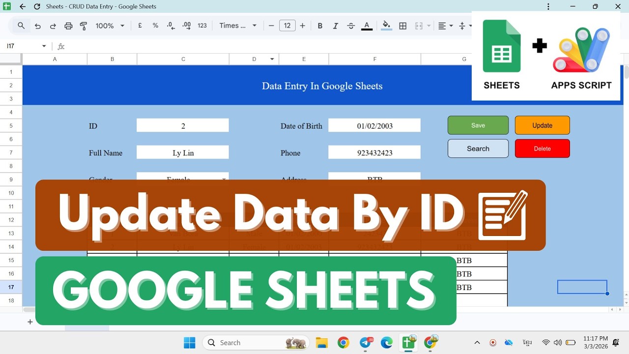 How to Update Data by ID in Google Sheets using Apps Script - CRUD Form