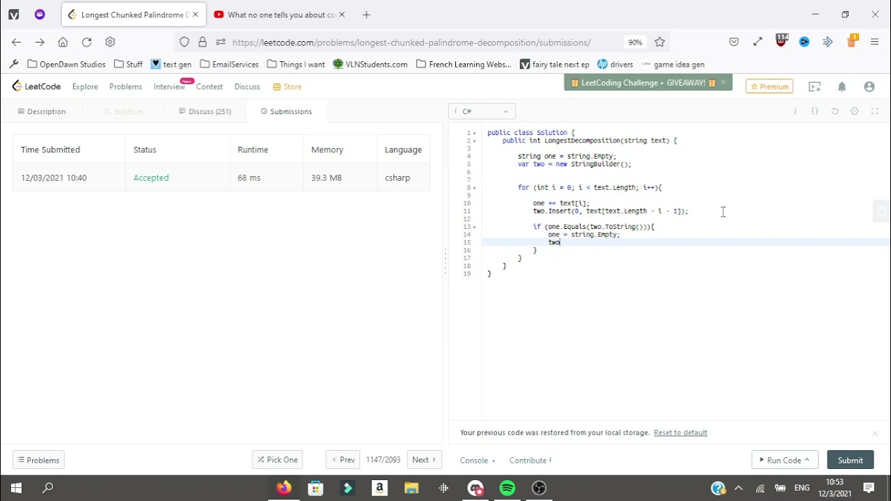 LeetCode | Longest Chunked Palindrome C# | 1147