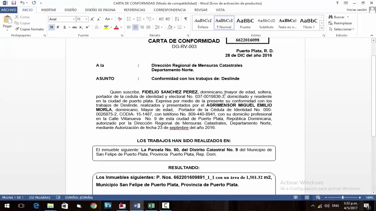CARTA DE CONFORMIDAD ( jurisdicción inmobiliaria)