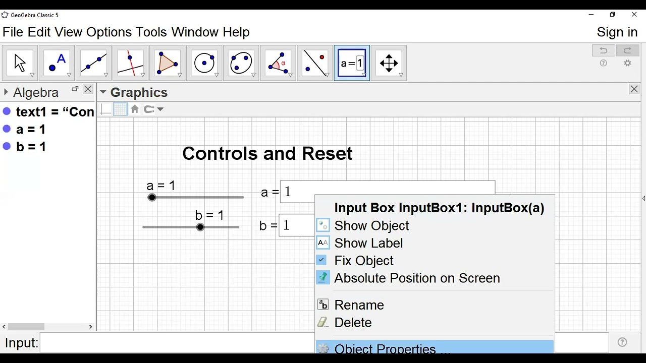 Class:12- How to create control and Reset buttons in GeoGebra.