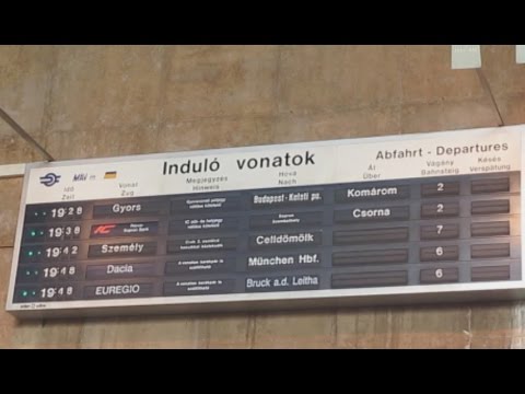 Hungary: Solari split-flap train arrival/departure board at Gyor railway station