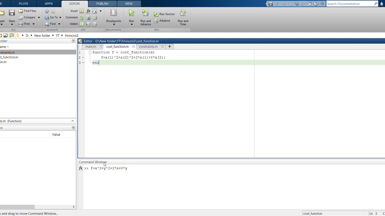 MATLAB optimization using fmincon - Two variables | Part 2| fmincon| Optimization