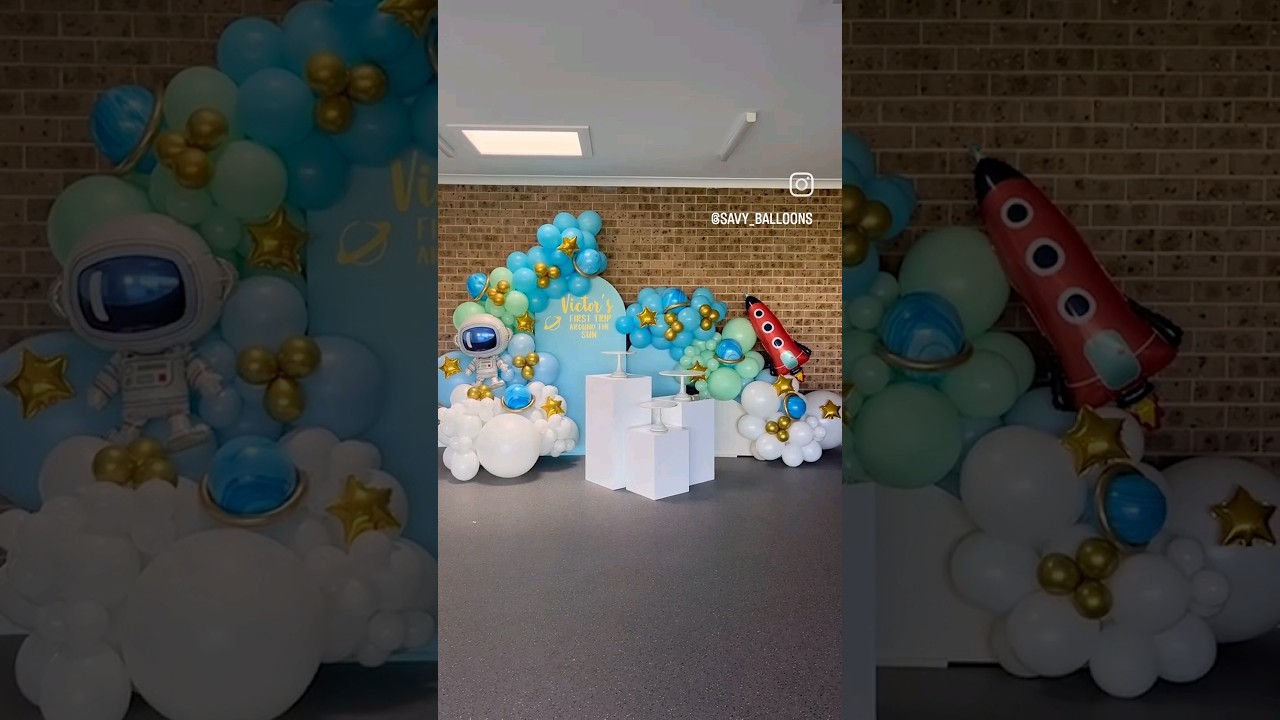 Up up and away! #balloongarland #balloons #rockettheme #firsttriparoundthesun #first #firstbirthday