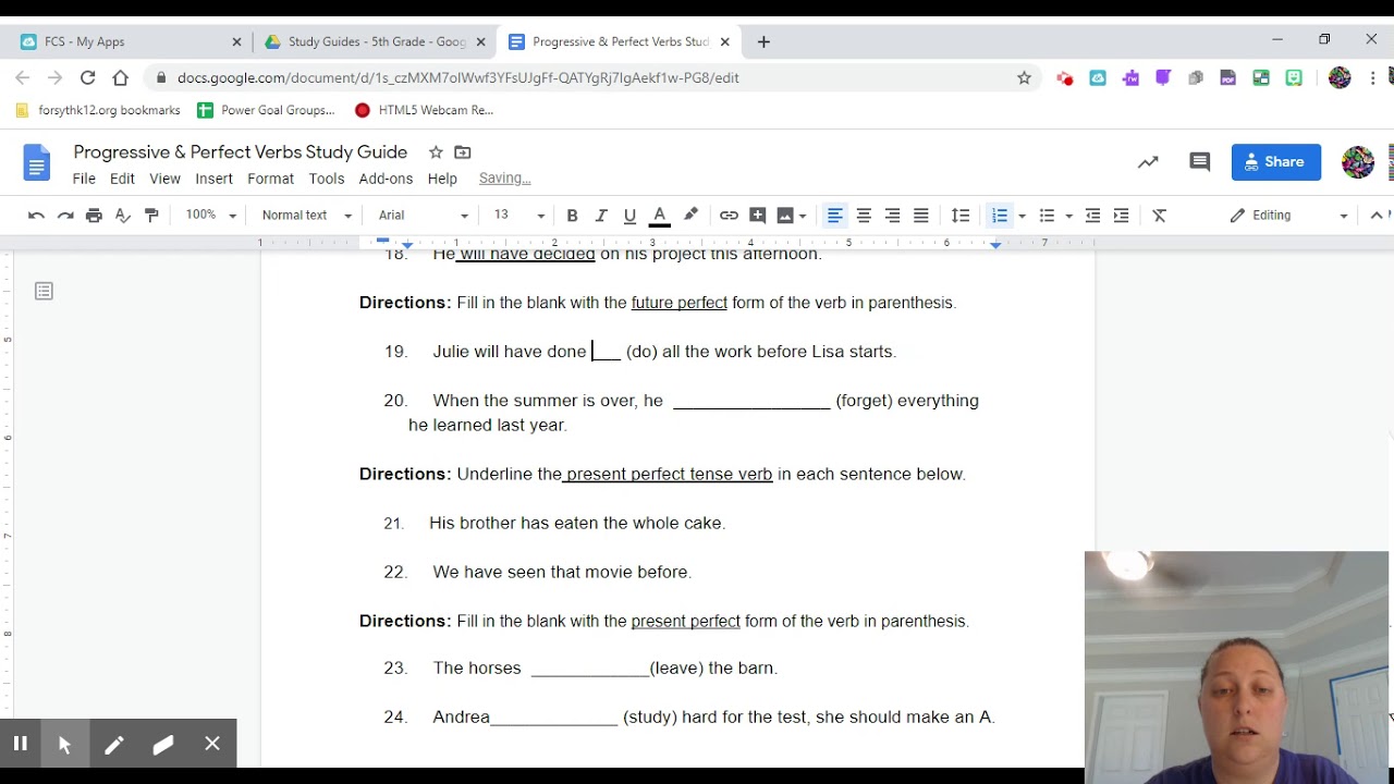 Answer Key for Perfect Verbs on the Study Guide