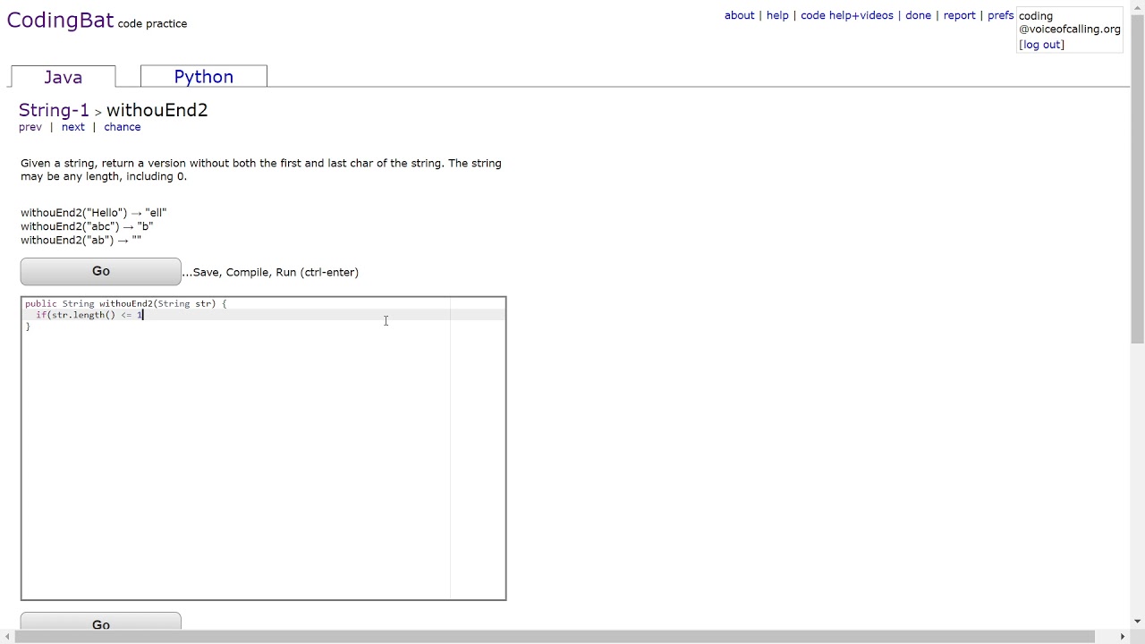 String 1 (withoutEnd2) Java Tutorial || Codingbat.com