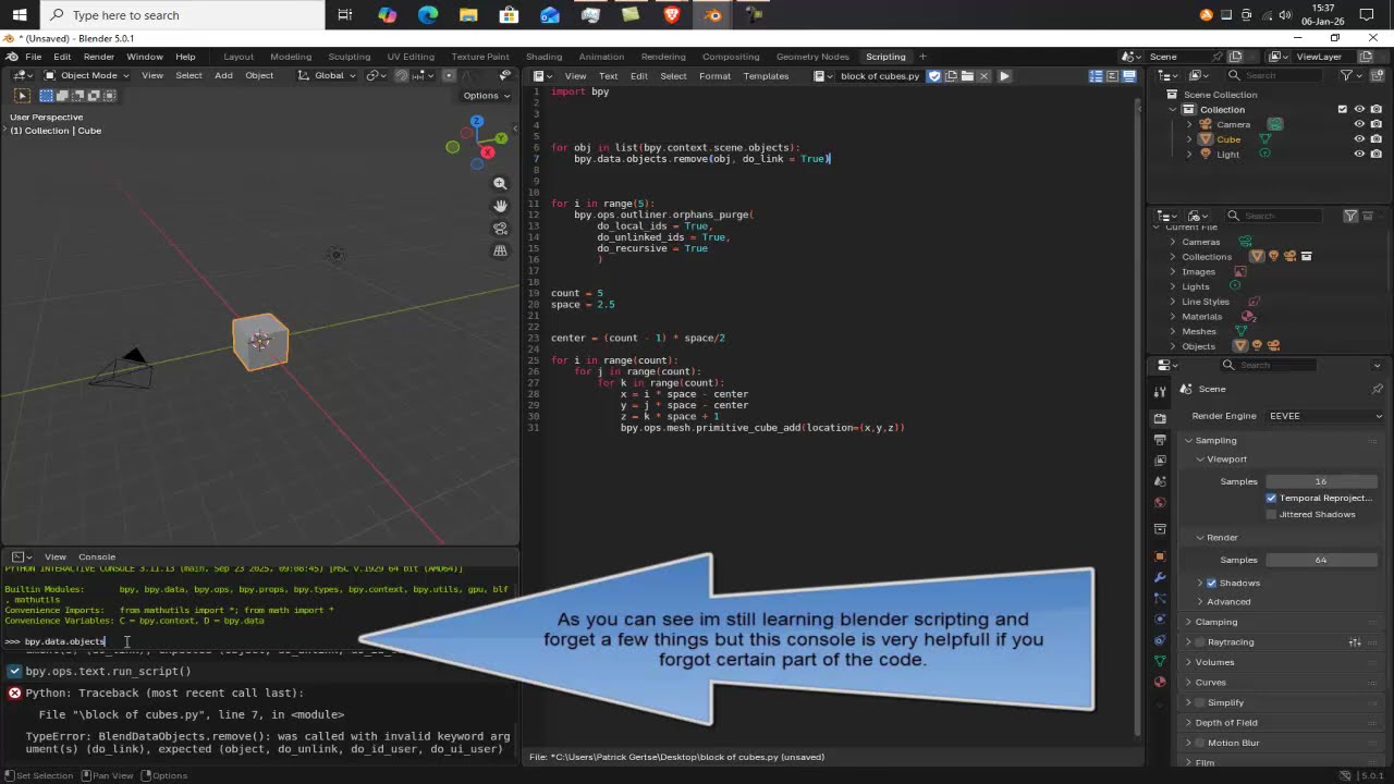 Blender Python Tutorial: Create a Grid of Cubes - Part 2