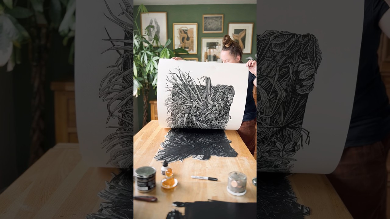 Printing of ‘Behind the Leaves’ Large Linocut Print #art #linocut #linoprint