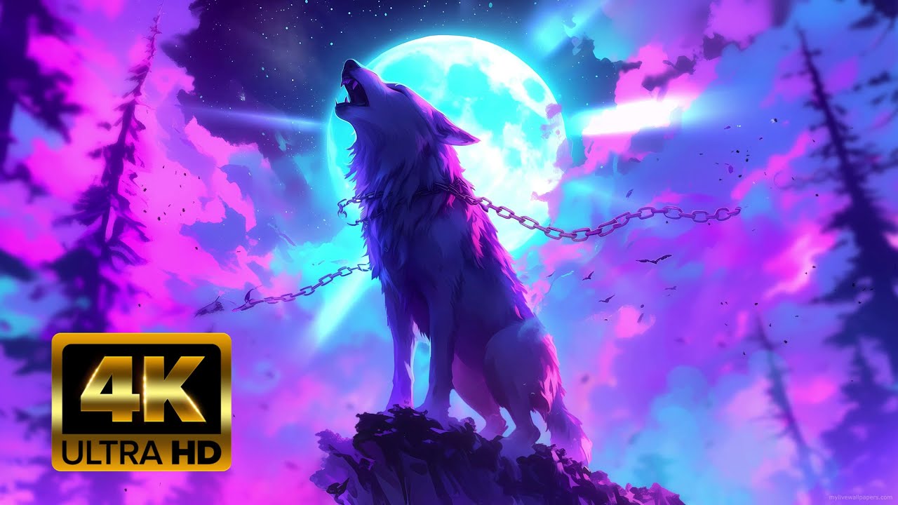 Neon Wolf🐺 Howling at the Moon Live Wallpaper 4K For PC #wolf #moon  #4kwallpaper