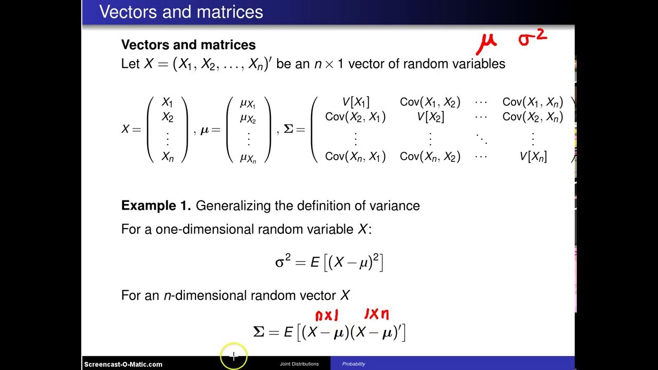 Multivariate distributions:  Matrix representation -- Example 1