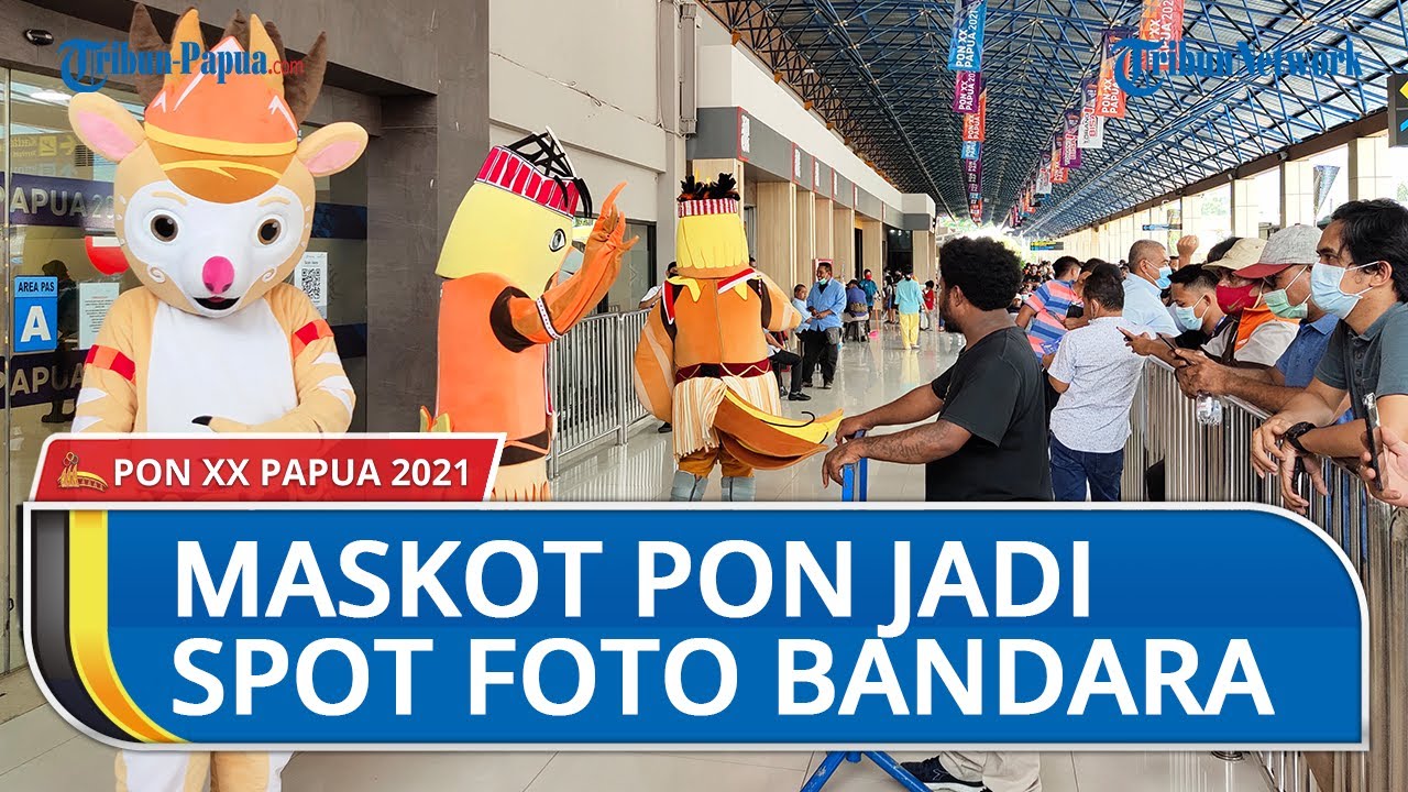 Maskot PON XX Papua 2021 Kangpho dan Drawa Jadi Tempat Foto di Bandara ...