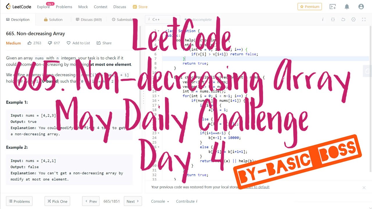 LeetCode MAY Challenge | DAY 4 | 665. Non-decreasing Array | C++ | (ENGLISH) | BASIC BOSS