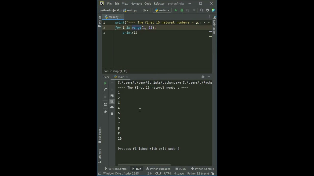 Python program to print first 10 natural numbers #python #shorts #pythonprojects #python3 # short