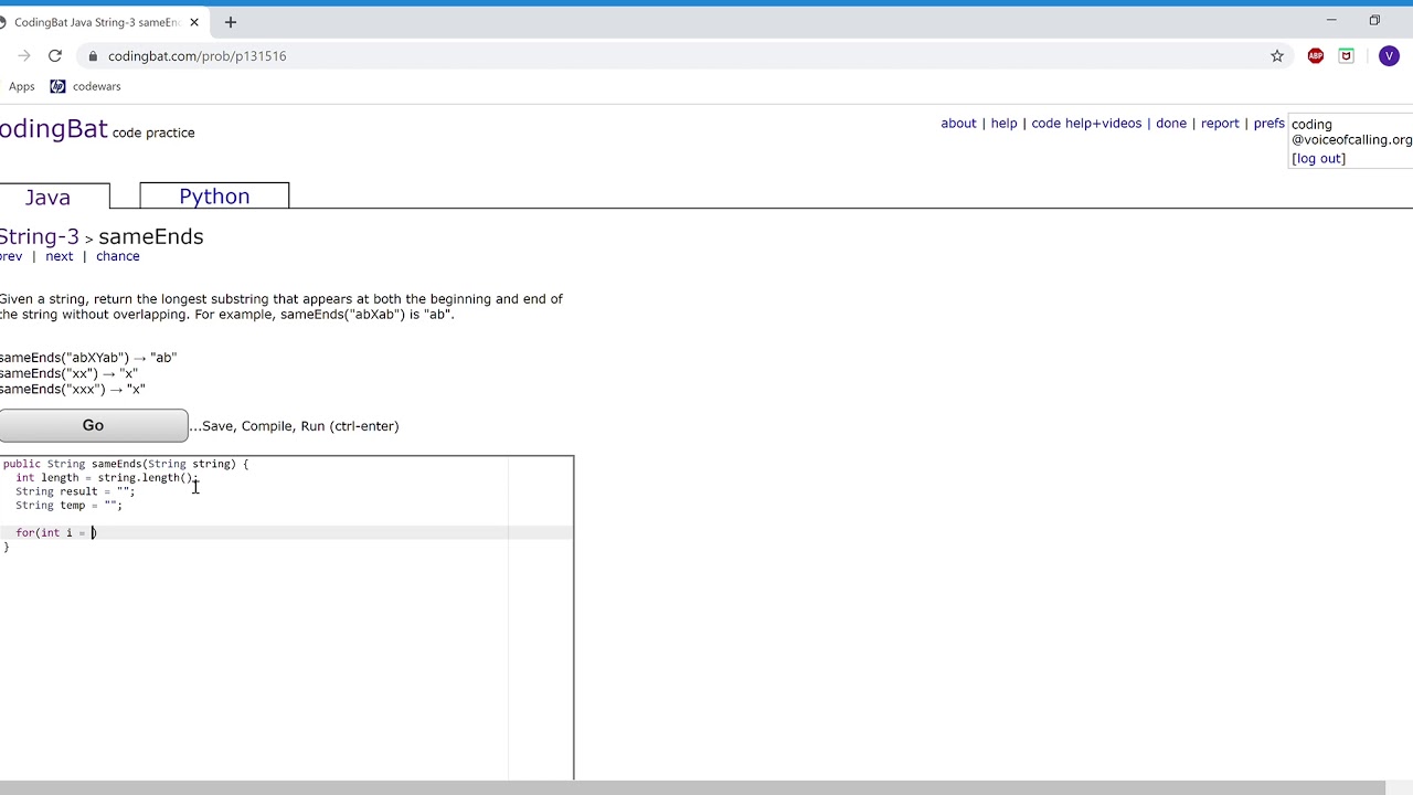 String- 3 (sameEnds) Java Tutorial || codingbat.com