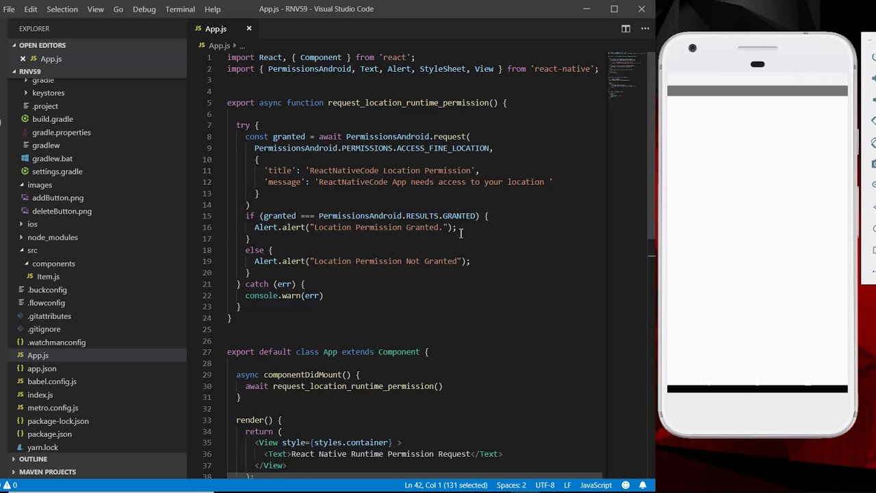 React Native Runtime Permissions Request Android Example