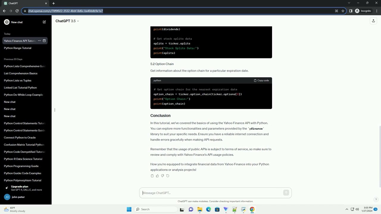 how to use yahoo finance api python