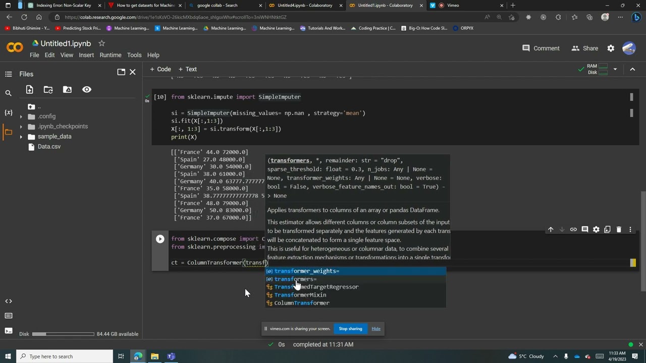 Data Preprocessing in Machine Learning using Python - SimpleImputer, OneHotEncoder, train_test_split
