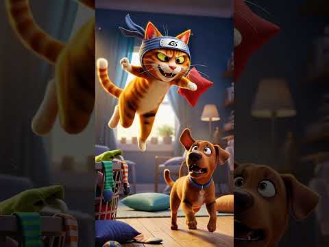 Cat vs Dog: The Great Pillow Fight - #funny #cartoon #animals #cute #youtubeshorts