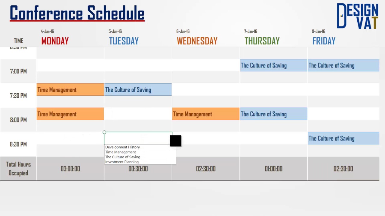Weekly Events tracker (Excel)