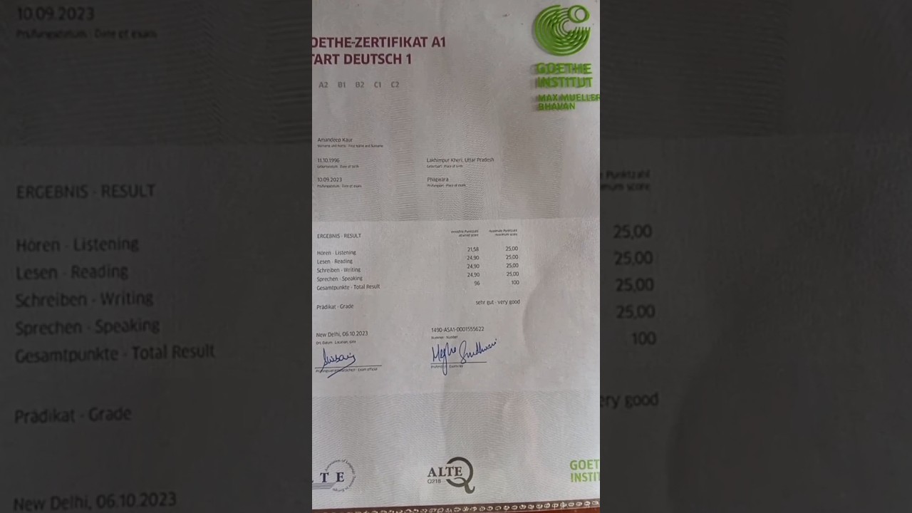 Goethe A1 Exam Result 📄✅ | My Experience #goetheinstitut #a1result #shorts