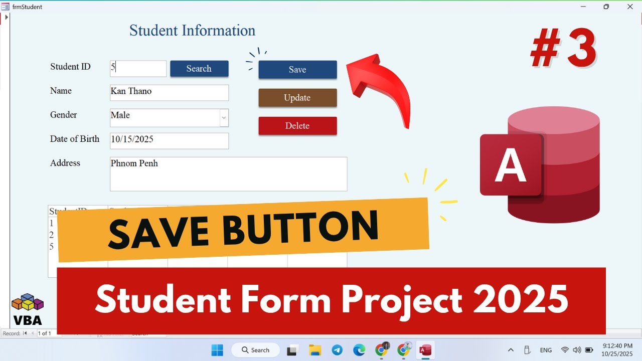 Microsoft Access Save Button Code | Student Form VBA Tutorial (No Voice) 2025