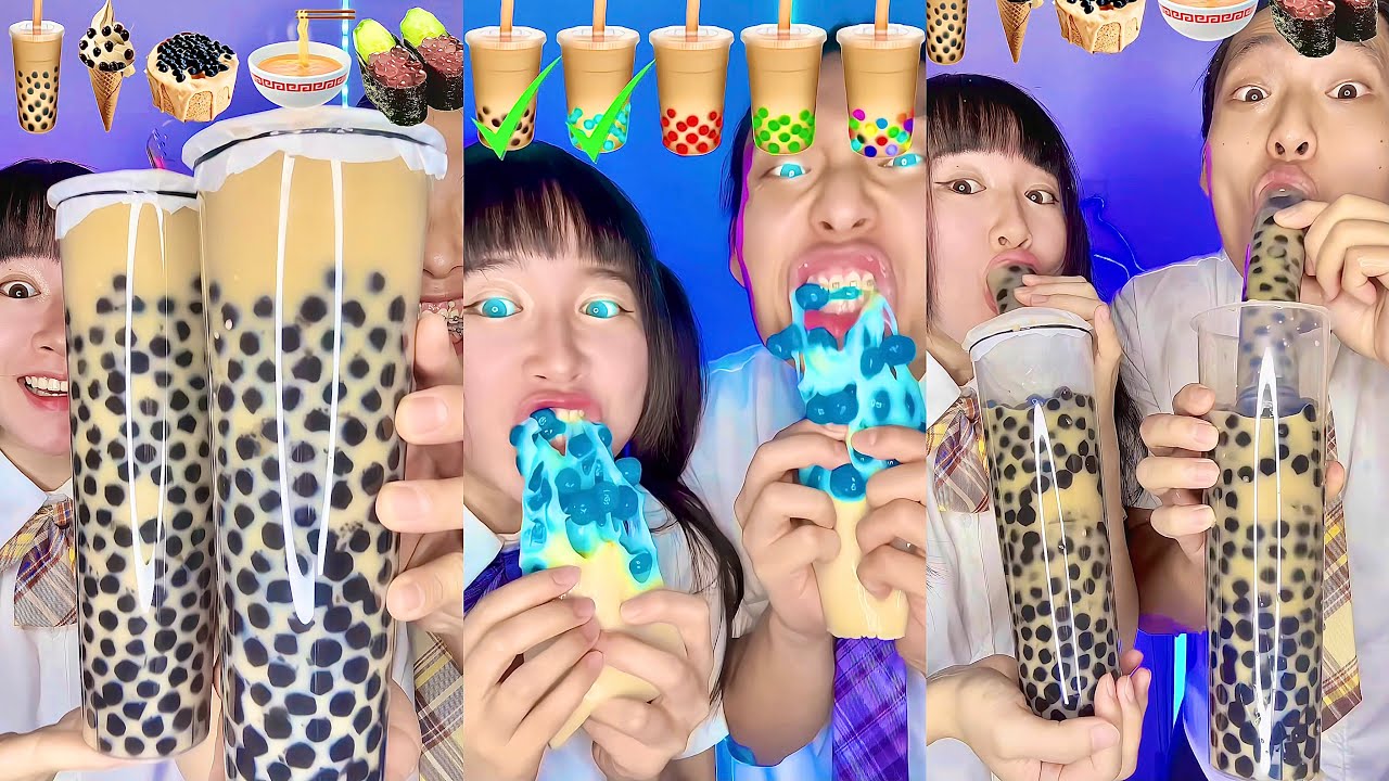 Rainbow Boba Emoji Food Challenge ASMR Compilation! Bubble tea🥵 (Part1)