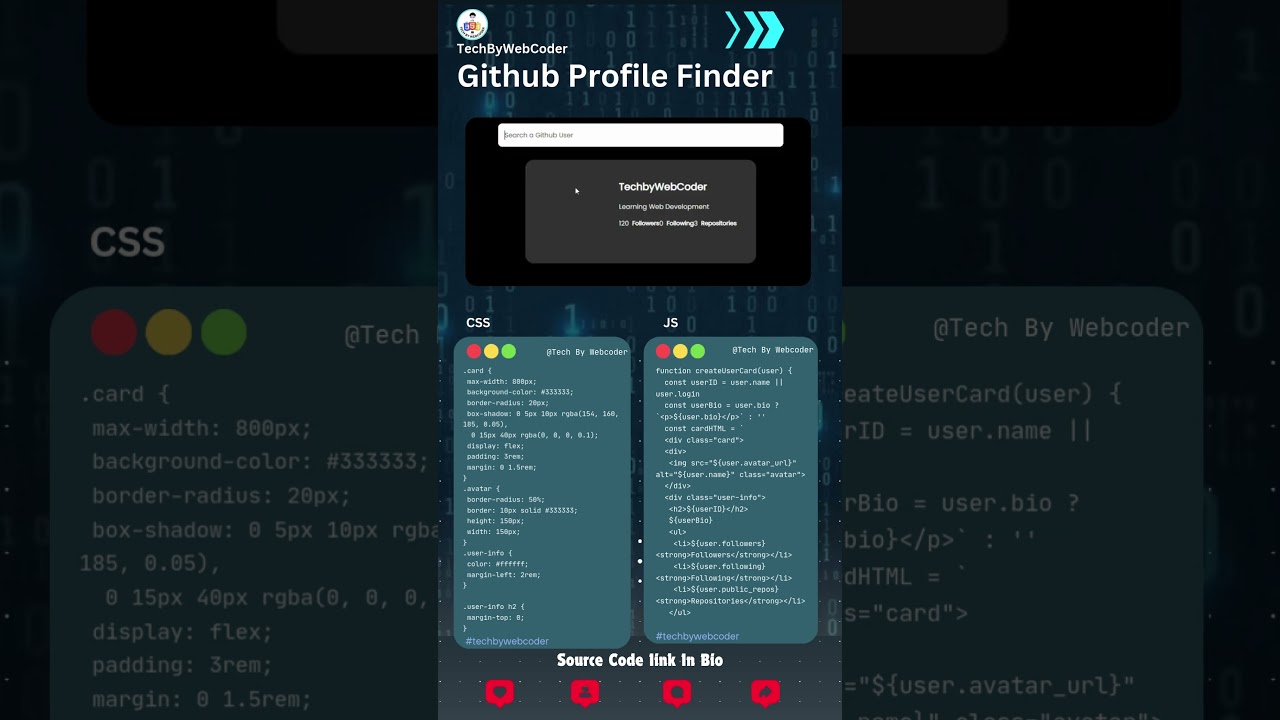 GitHub Profile Finder Using Html,Css & Javascript|| Source Code Link In Description #techbywebcoder