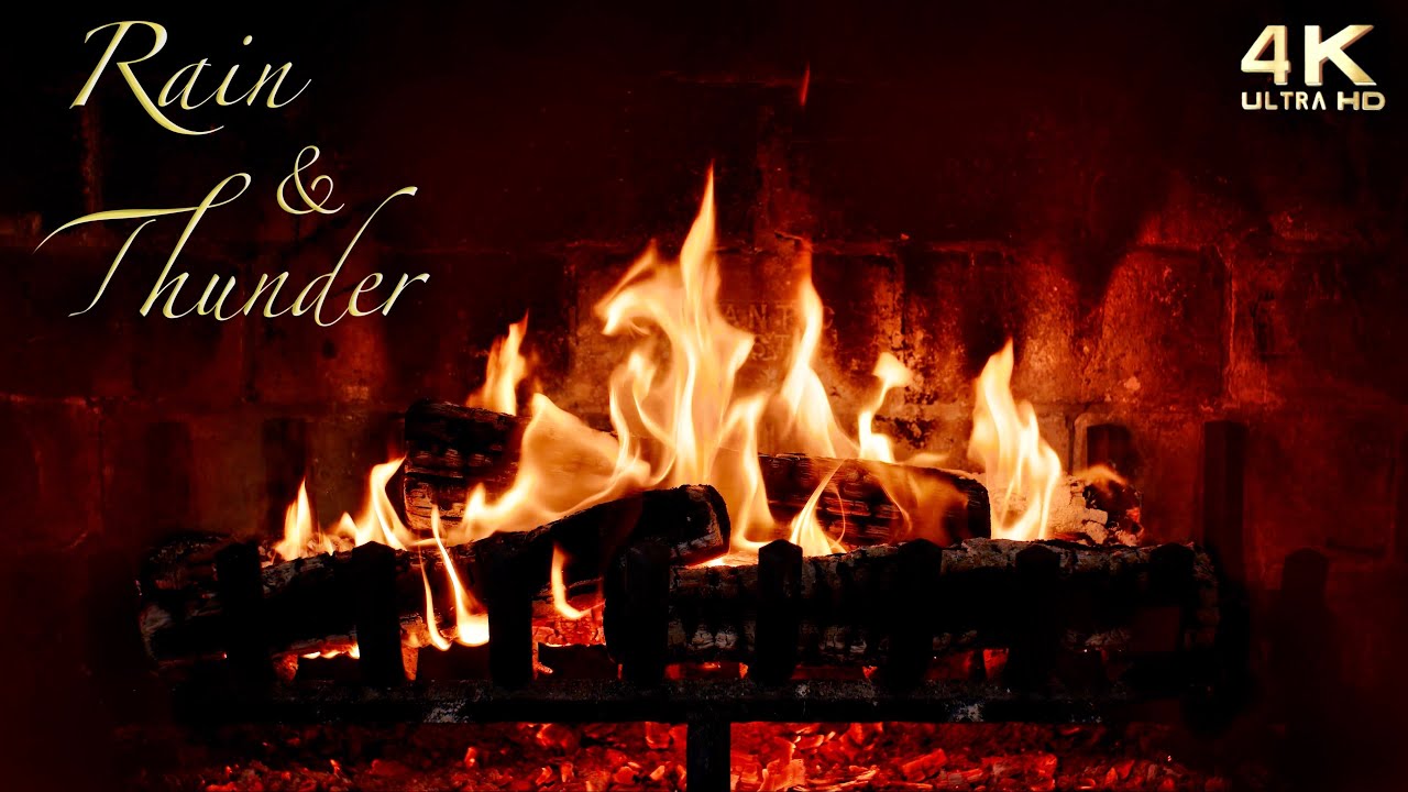 Crackling Fireplace with Rain and Rolling Thunder ~ Soft Lightning Flashes ⚡️🔥