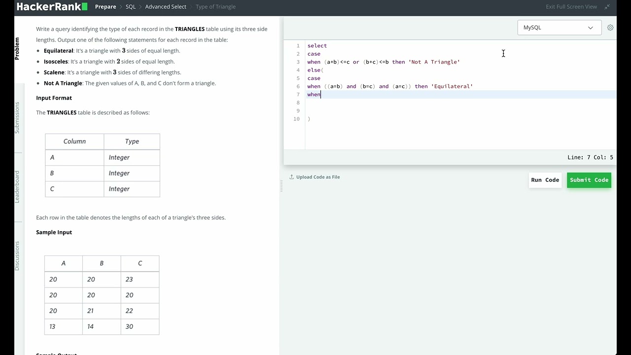 Hackerrank SQL Solution #20 Basic SQL - Type of Triangle