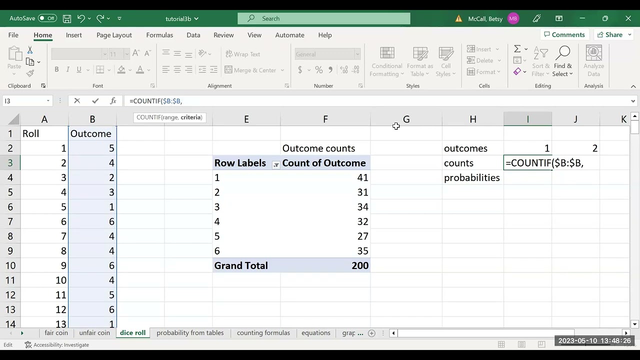 Fair Dice Roll Simulations in Excel