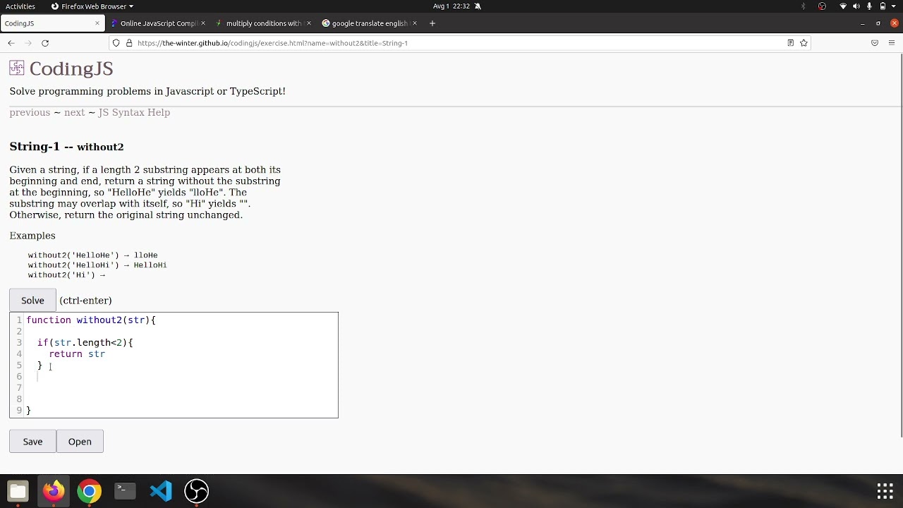 String 1 without2 Javascript solution